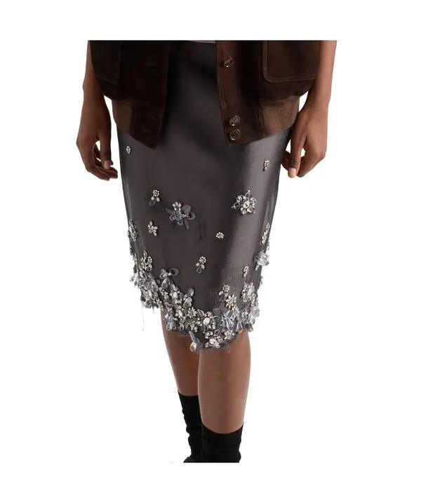 Prada Embellished Raw-cut Hem Midi Skirt - Grey