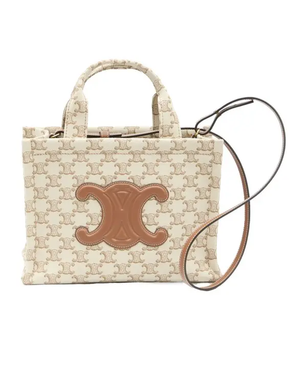 Celine Small Cabas Thais In Textile With Triomphe Canvas Print And Calfskin - White