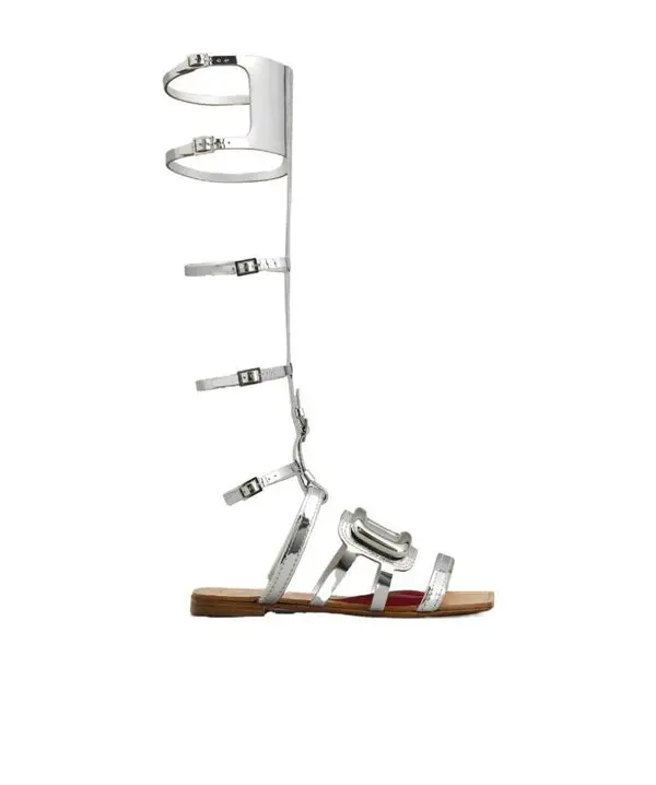 ROGER VIVIER Silver Metal Buckle Leather Sandals - Gray