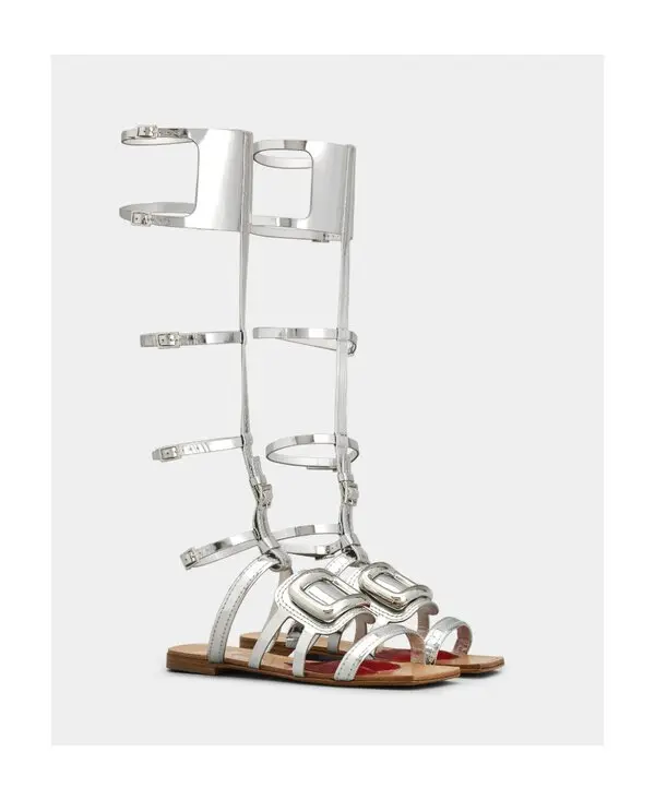 ROGER VIVIER Silver Metal Buckle Leather Sandals