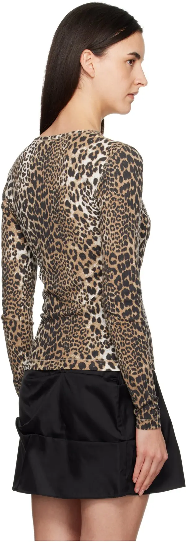 GANNI Leopard Print Ribbed Long Sleeve Top - Brown