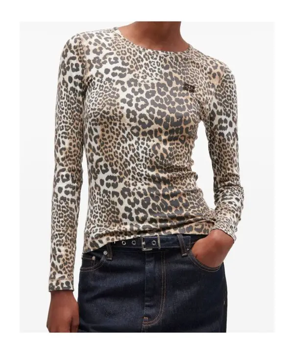 GANNI Leopard Print Ribbed Long Sleeve Top - Brown