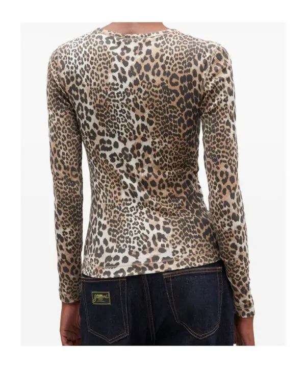 GANNI Leopard Print Ribbed Long Sleeve Top - Brown