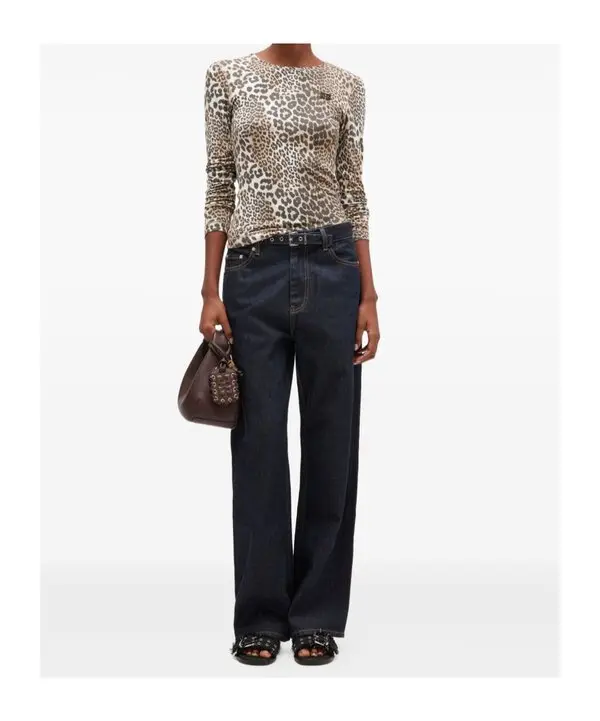 GANNI Leopard Print Ribbed Long Sleeve Top - Brown