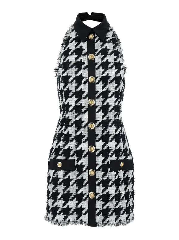 Balmain Houndstooth Button-detailed Mini Dress