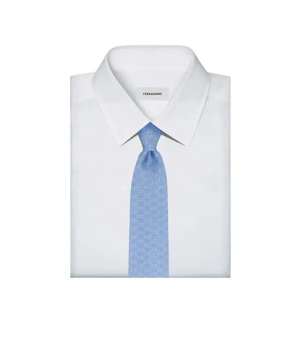 FERRAGAMO Gancini Printed Silk Neck Tie - Light Blue