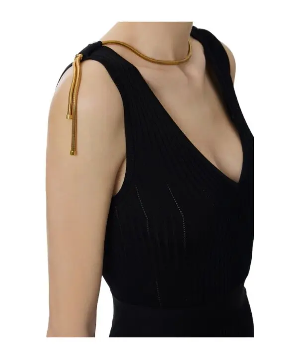 Elisabetta Franchi Sleeveless V-neck Ribbed Knit Midi Dress With Gold-tone Necklace Detail