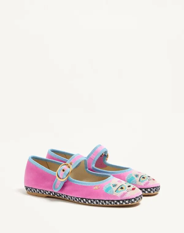 Valentino Garavani Le Chat De La Maison" Embroidered Velvet Ballerina Flats - Pink