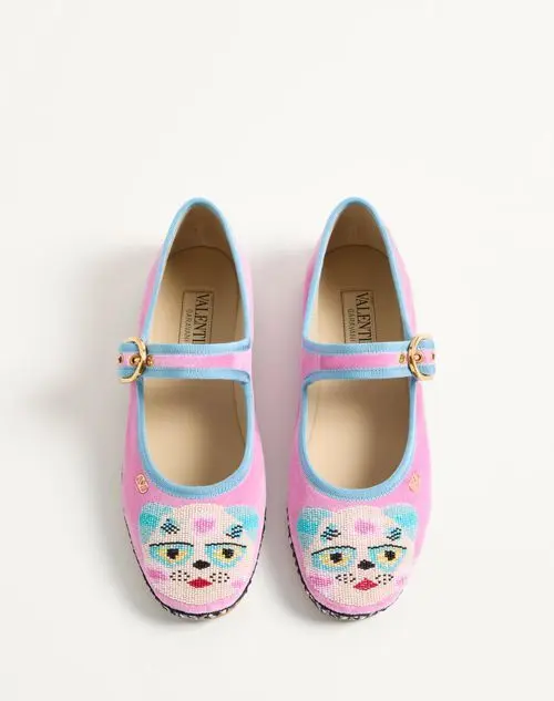 Valentino Garavani Le Chat De La Maison" Embroidered Velvet Ballerina Flats - Pink