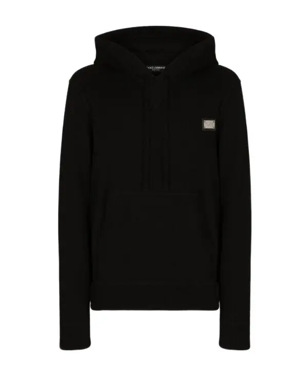 Dolce & Gabbana Knitted Drawstring Hoodie With Logo Plaque - Black