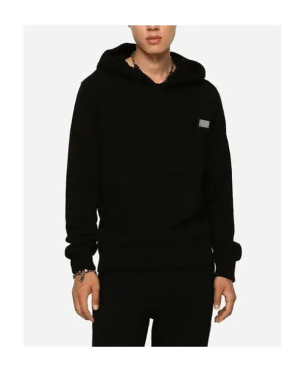 Dolce & Gabbana Knitted Drawstring Hoodie With Logo Plaque - Black