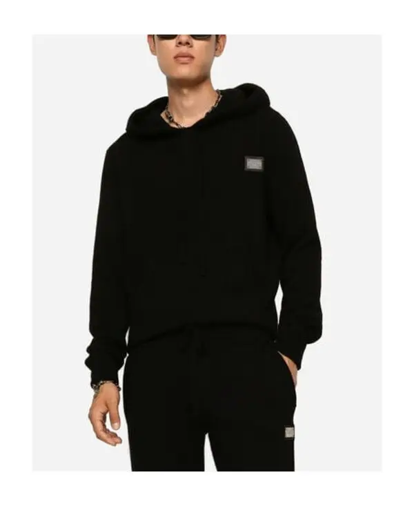 Dolce & Gabbana Knitted Drawstring Hoodie With Logo Plaque - Black