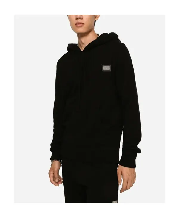 Dolce & Gabbana Knitted Drawstring Hoodie With Logo Plaque - Black