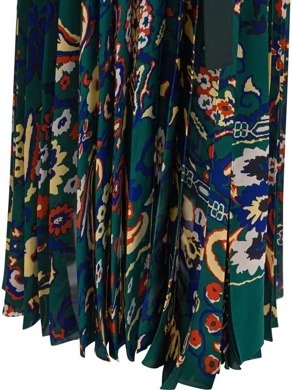 Sacai Pleated Floral Print Skirt With Adjustable Waist Belt