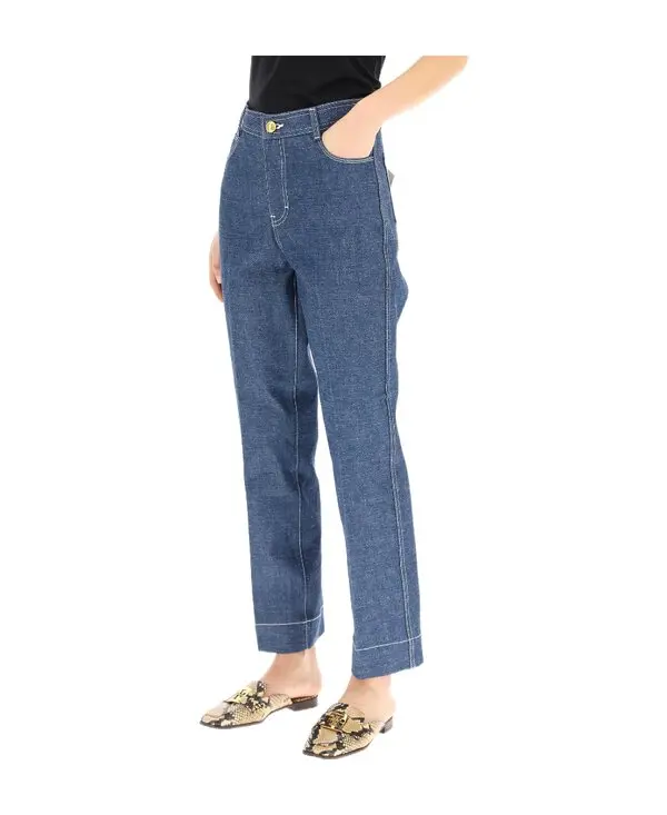 Tory Burch High Rise Cropped Jeans With Striped Embroidery