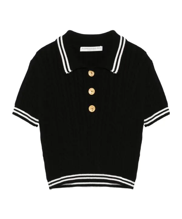 Alessandra Rich Braided Polo Shirt With Striped Trim - Black