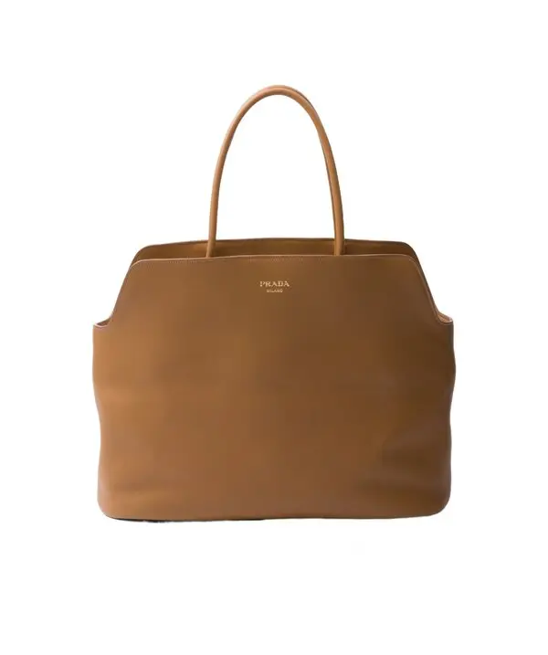 Prada Large Leather Tote Bag With Embossed Logo - Brown