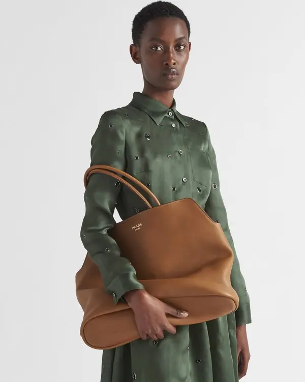 Prada Large Leather Tote Bag With Embossed Logo