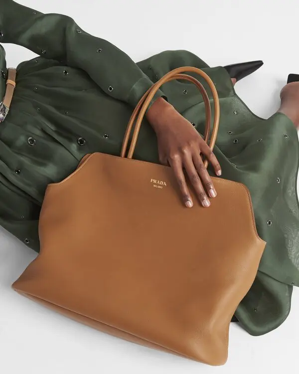 Prada Large Leather Tote Bag With Embossed Logo