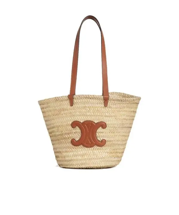 Celine Medium Classic Panier In Palm Leaves And Calfskin - Tan