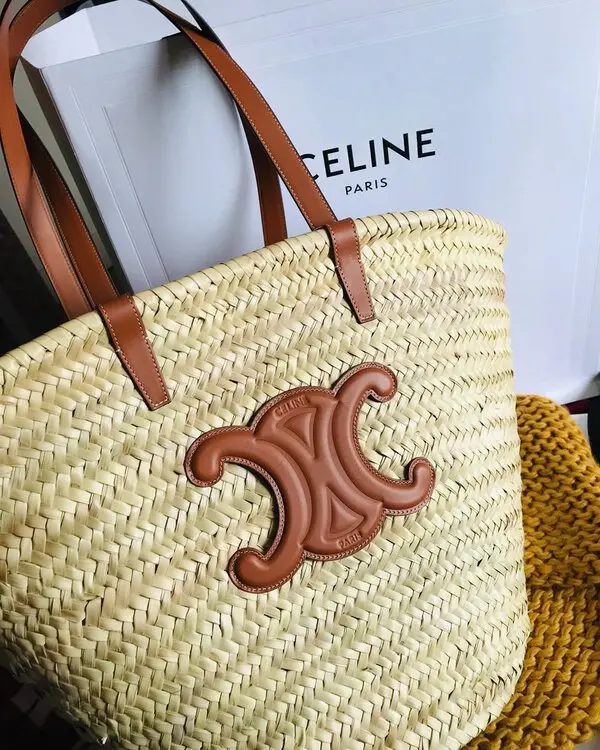 Celine Medium Classic Panier In Palm Leaves And Calfskin