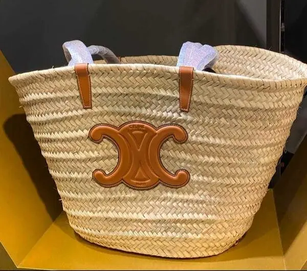 Celine Medium Classic Panier In Palm Leaves And Calfskin