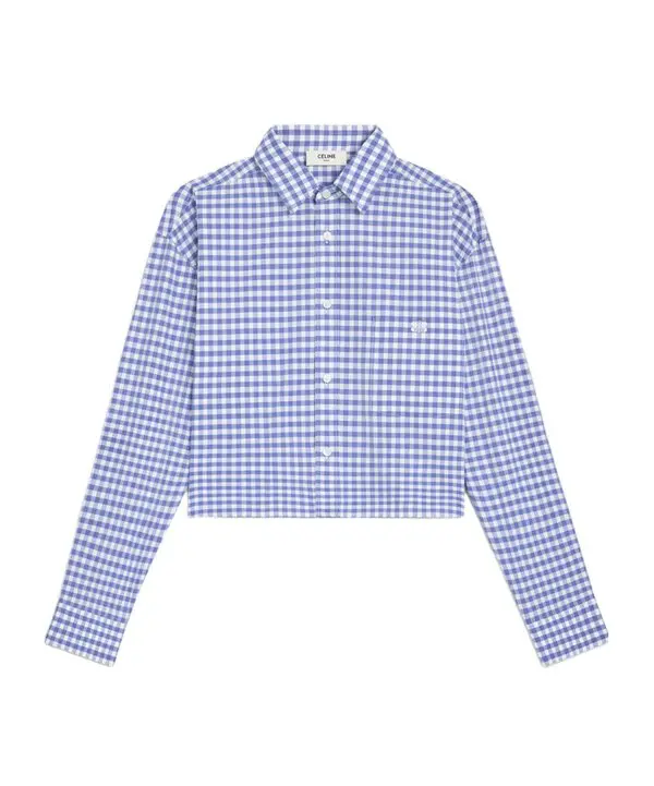 Celine Cropped Vichy Cotton Shirt With Triomphe Embroidery