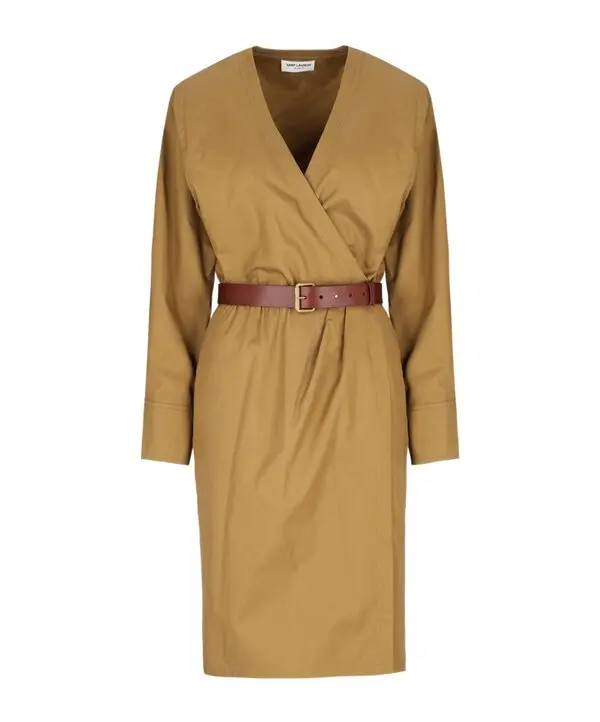 Saint Laurent V-neck Belted Dress - Brown