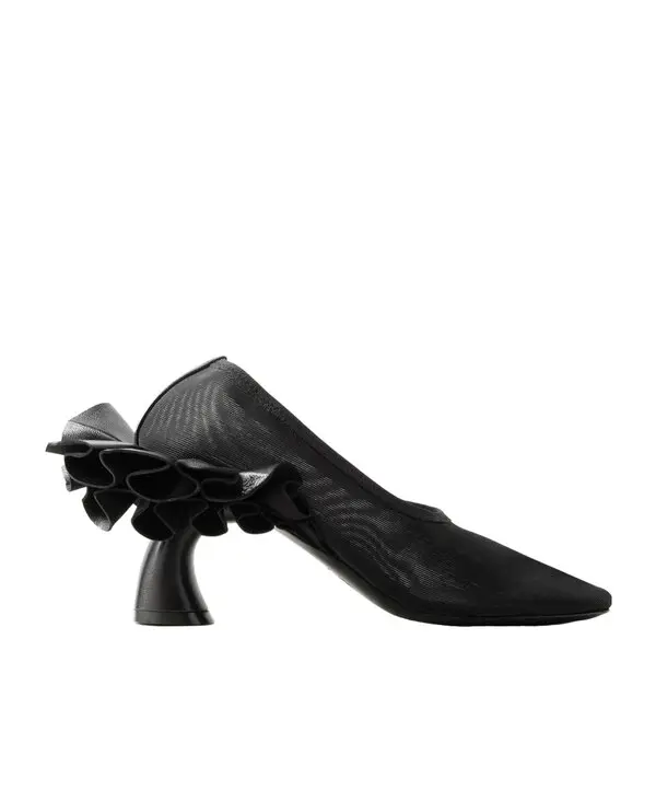 Dries Van Noten Curved Block Heel Pumps With Ruffled Trim - Black