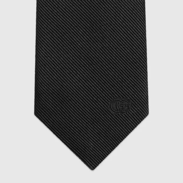 Gucci Silk Neck Tie With Double G Embroidery - Black