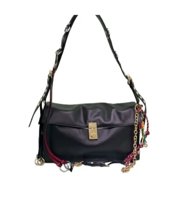 Prada Soft Sound Small Shoulder Bag With Charm Detail - Black