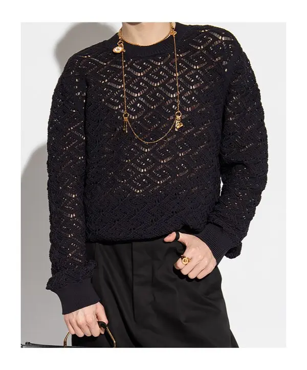 Versace Crew Neck Open-knit Sweater With Medusa Decal