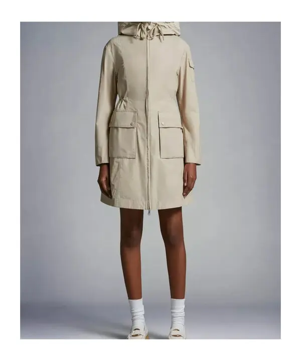 Moncler Laerte Parka Coat With Drawstring Waist And Hood - Beige