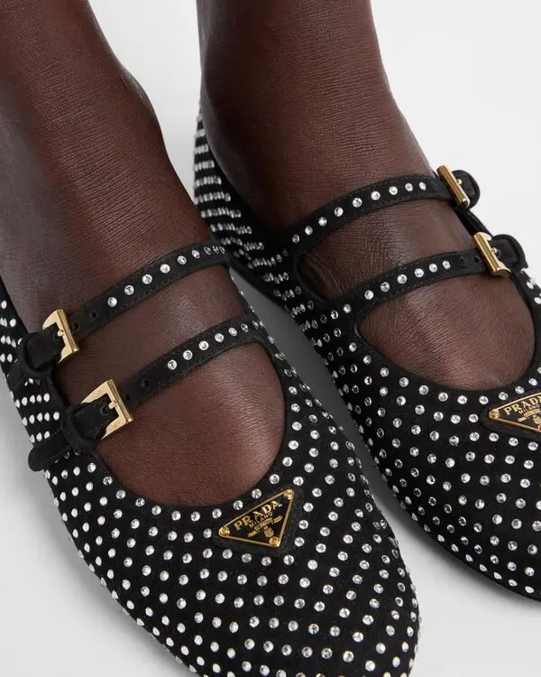 Prada Embellished Buckle Ballerina Flats - Crystal