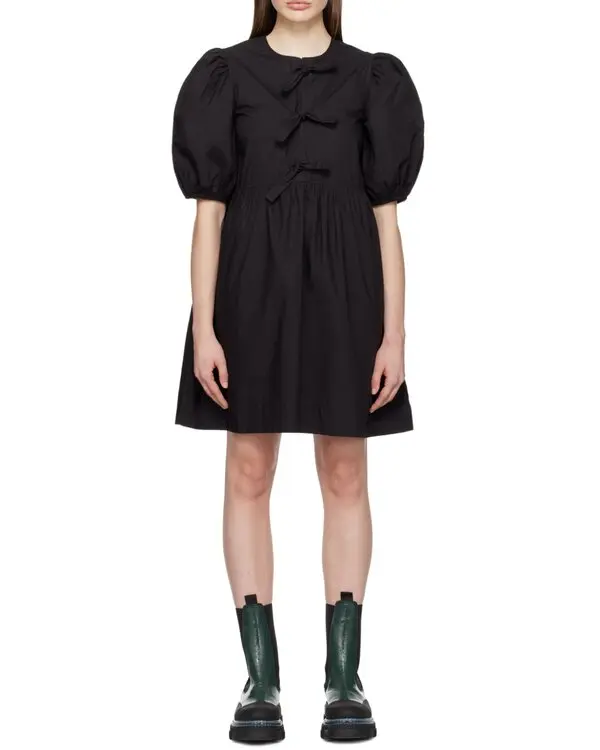 GANNI Poplin Tie String Mini Dress - Black