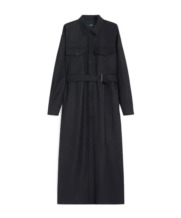 Max Mara Wool Flannel Belted Shirt Dress - Blue