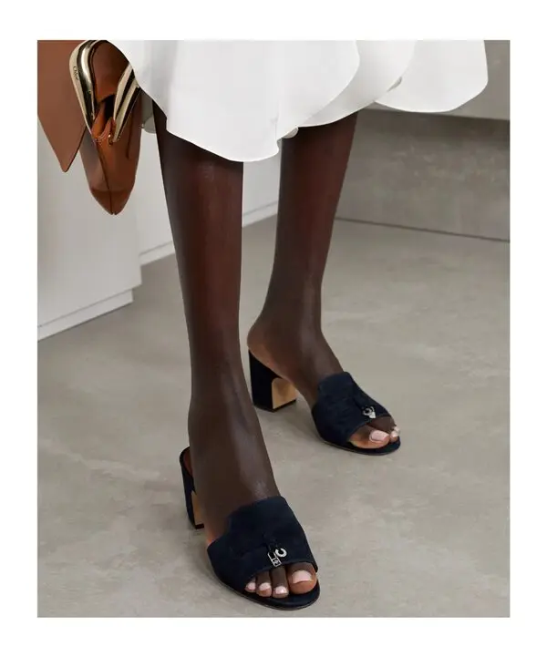 Loro Piana Summer Charms Suede Block Heel Sandals - Navy Blue