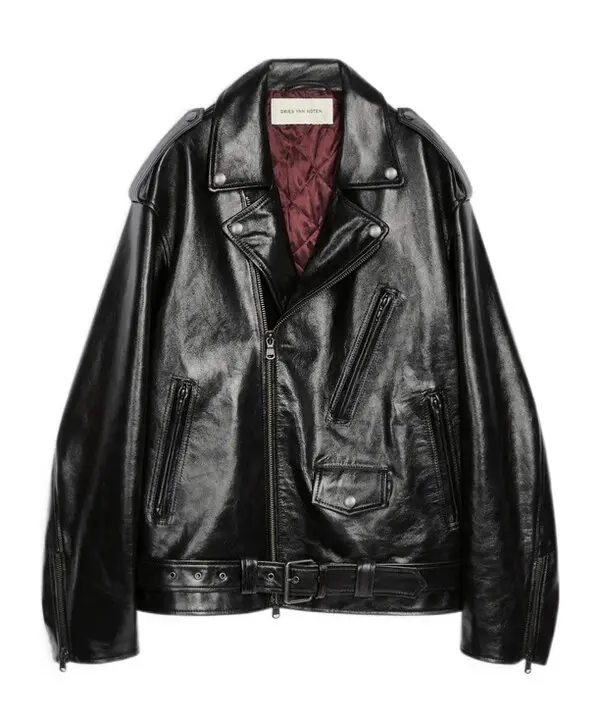 Dries Van Noten Leather Biker Jacket With Belted Waist - Black