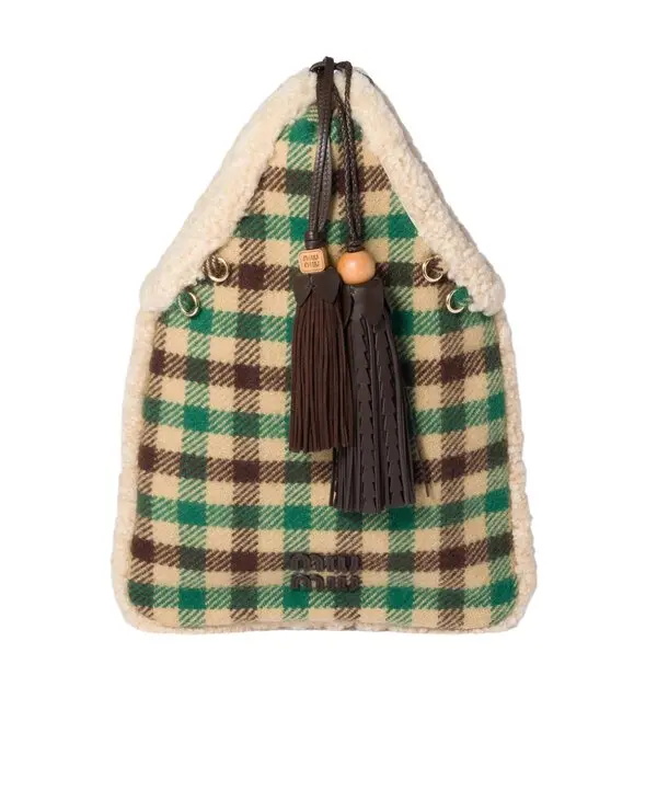 Miu Miu Gingham And Shearling Handbag - Camel/green