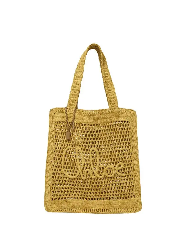 Chloé Raffia Tote Bag With Graphic Print - Yellow