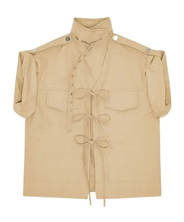 GANNI Lace-up Cropped Blouse With Lapel And Pocket Detail