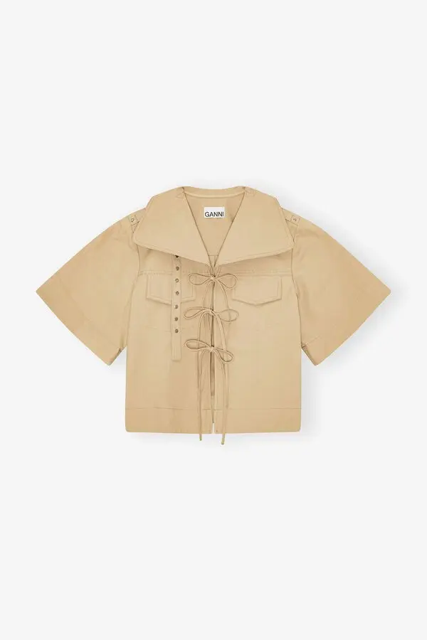 GANNI Lace-up Cropped Blouse With Lapel And Pocket Detail