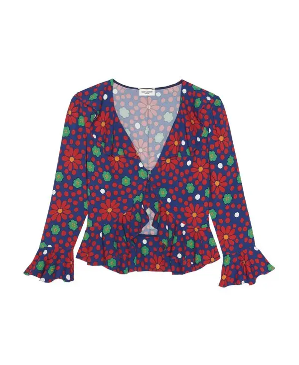 Saint Laurent Ruffled Floral Print V-neck Blouse