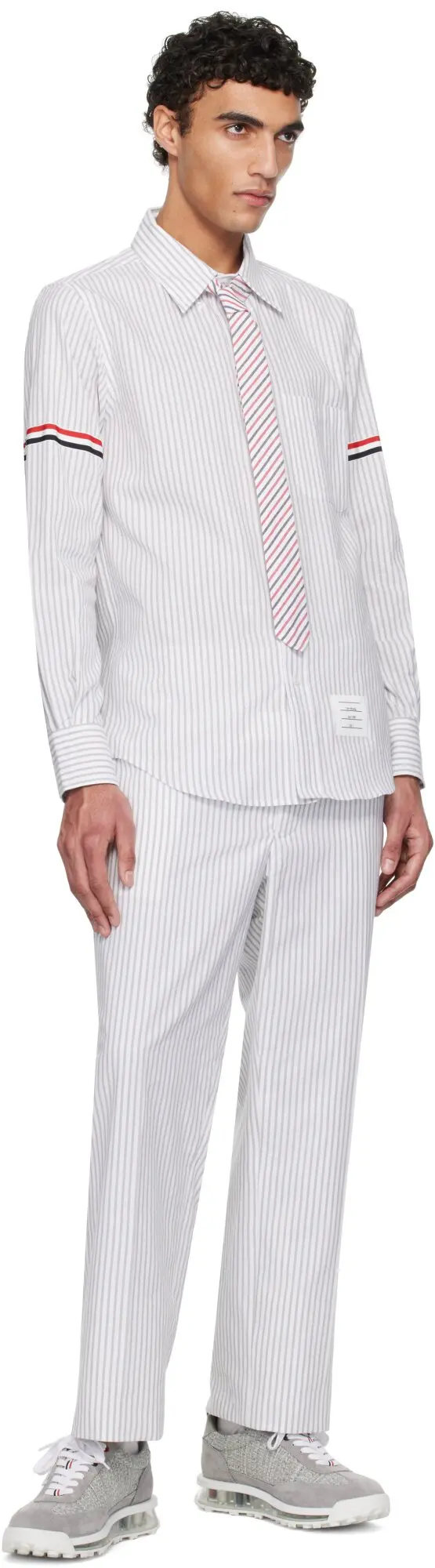 Thom Browne Rwb-striped Curved Hem Shirt - Medium Gray