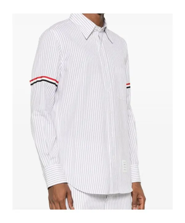 Thom Browne Rwb-striped Curved Hem Shirt - Medium Gray