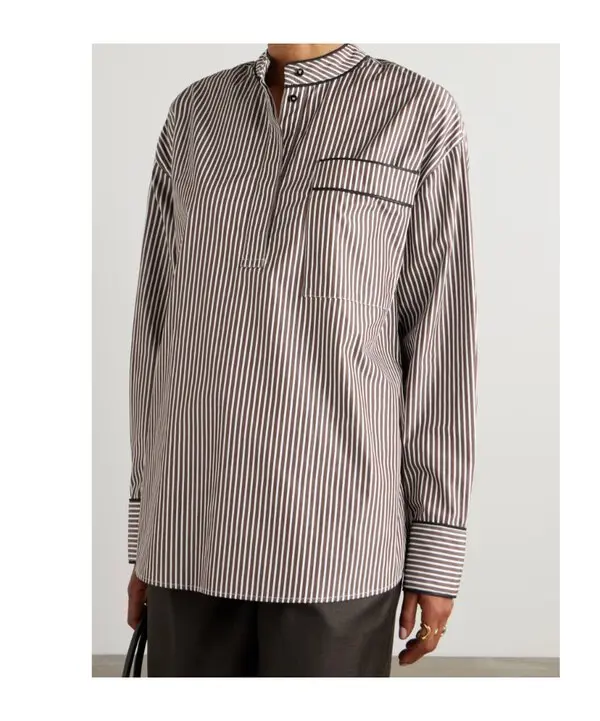 Loulou De Saison Verna Striped Mandarin Collar Cotton Poplin Shirt