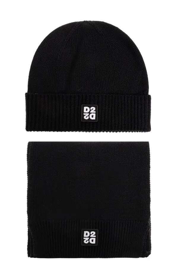 Dsquared2 Logo Patch Ribbed-knit Beanie And Scarf Set - Black