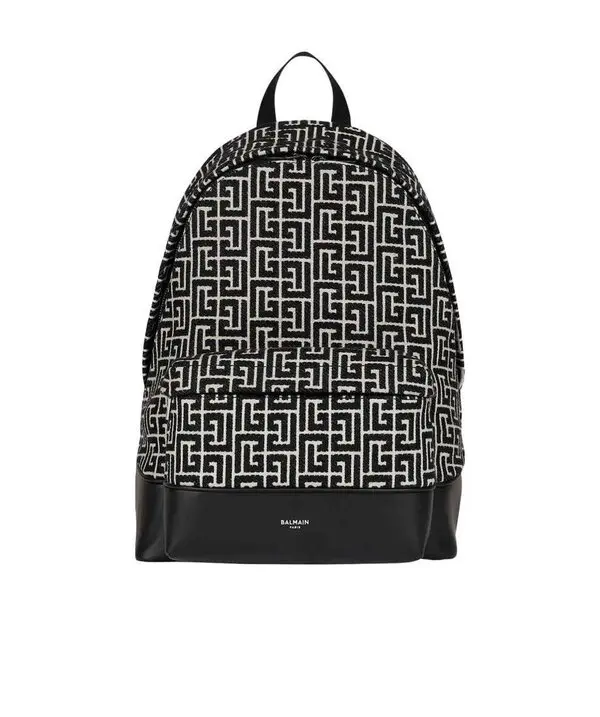 Balmain Logo Monogram Jacquard Backpack - Black