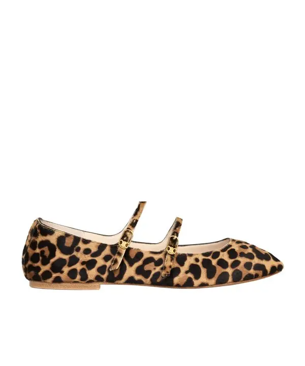 Celine Ballerina Flats In Leopard Print Hairy Calfskin With Double Straps - Brown/beige