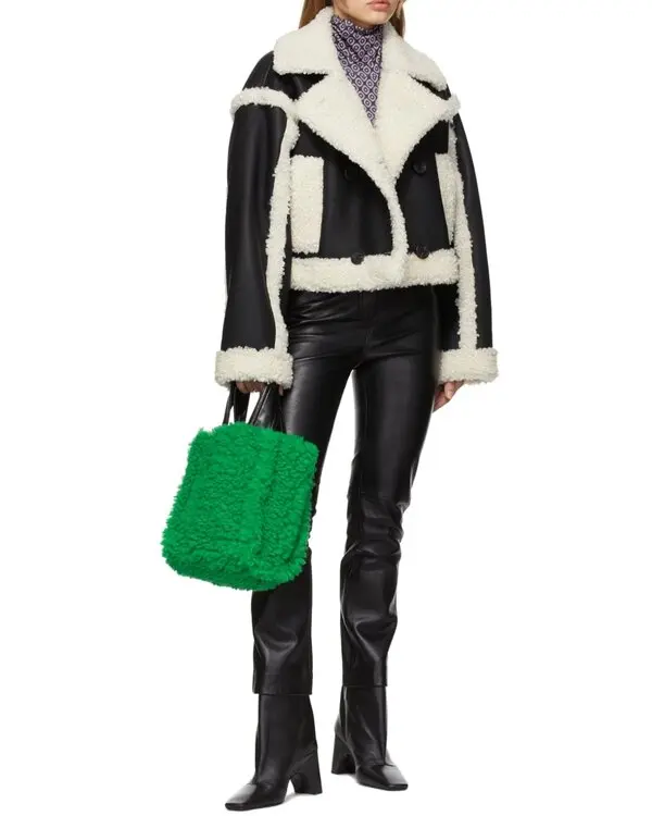 STAND STUDIO Logo Splicing Faux Fur Trimmed Coat